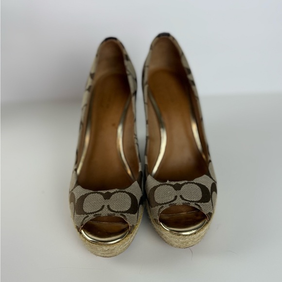 Coach | Shoes | Coach Signature Canvas Peep Toe Wedge Espadrilles ...